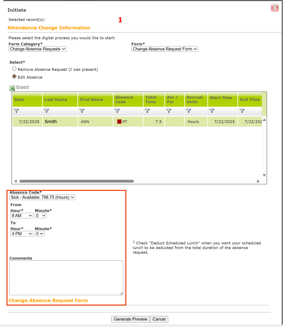 Submit a Change Absence Request Form from the V2 Timecard – SchoolFront