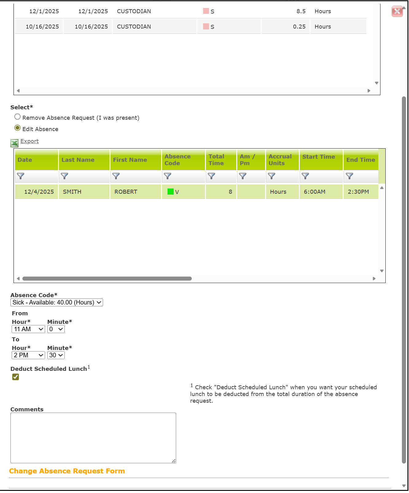 Submit a Change Absence Request Form from Available Forms – SchoolFront